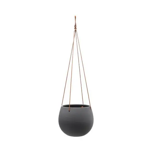 STORIED HOME Hanging Stoneware Planter With Leather Rope Hanger, Latex Finish - Grey