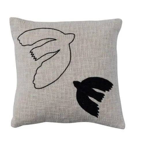 STORIED HOME Cotton Slub Throw Pillow Cover With Embroidered Doves, And Black - Cream