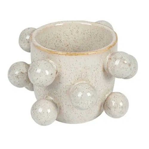 STORIED HOME 4.25 Inches Round Stoneware Planter With Orbs And Reactive Glaze, Holds 3 Inches Pot - Cream