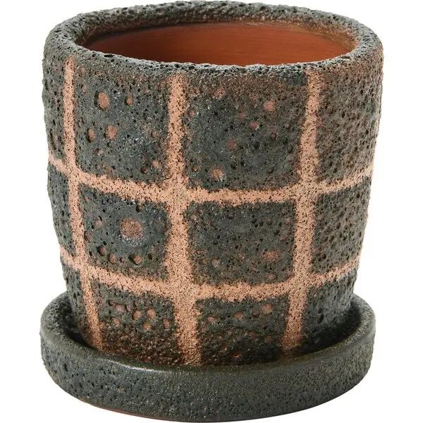 STORIED HOME Terra-cotta Planter With Saucer & Grid Pattern