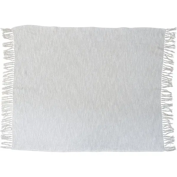 STORIED HOME Cotton Throw Blanket With Silver Metallic Thread And Fringe - Cream