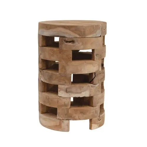 STORIED HOME Round Teakwood Stool With Textured Surface