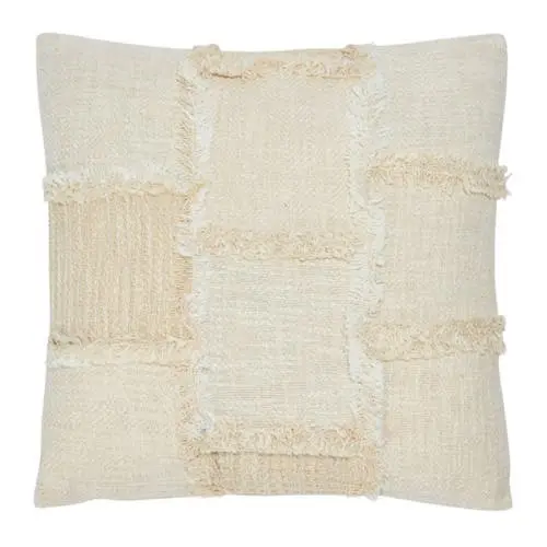 STORIED HOME Woven Cotton And Wool Patchwork Pillow With Frayed Edges - Cream