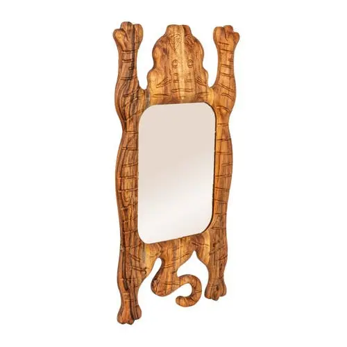STORIED HOME Carved Acacia Wood Framed Tibetan Tiger Shaped Wall Mirror - Natural