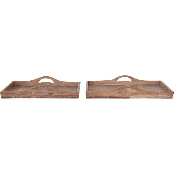 STORIED HOME Square Acacia Wood Trays With Handles - Natural