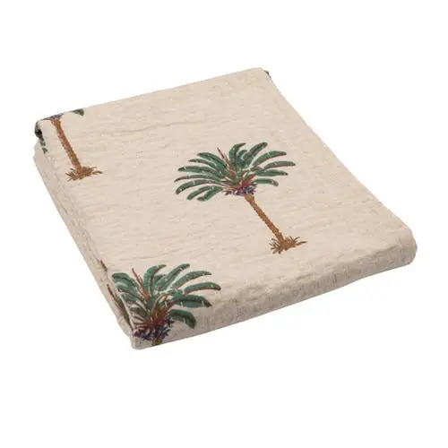 STORIED HOME Cotton Linen Blend Block Printed Throw With Palm Trees And Kantha Stitch - Natural