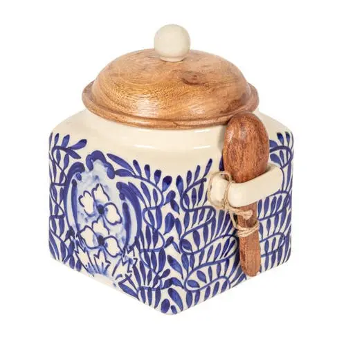 STORIED HOME Hand-painted Stoneware Canister With Design, Acacia Wood Lid And Spoon, Cream - Blue