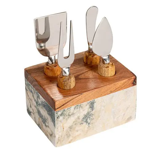 STORIED HOME Marble Cheese Server Set With Mango Wood Stand - Black