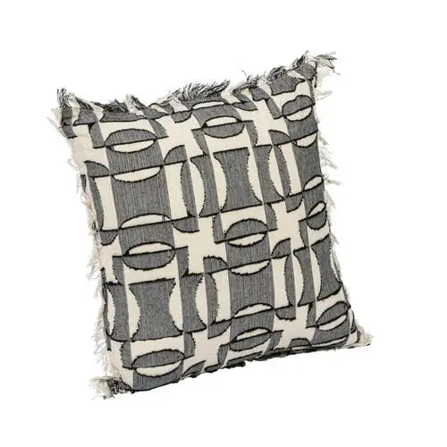 STORIED HOME 18 Inches Square Woven Cotton Pillow With Geometric Pattern, Chambray Back And Fringe - Black