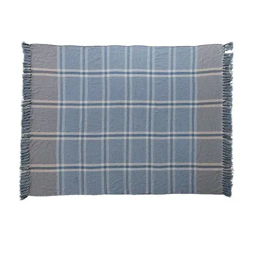 STORIED HOME Plaid Cotton Blend Throw With Fringe - Blue
