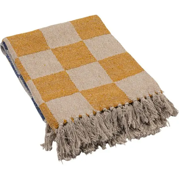 STORIED HOME Woven Cotton Blend Throw With Checkered Pattern And Fringe, Yellow - Blue
