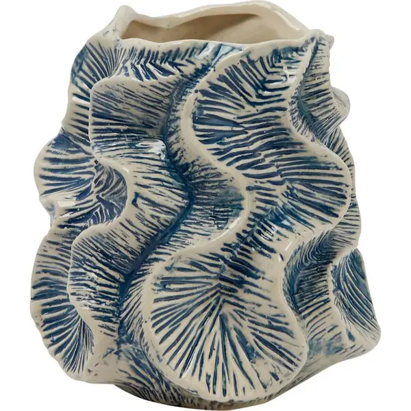 STORIED HOME Organic Shaped Stoneware Vase With Wavy Pattern Exterior