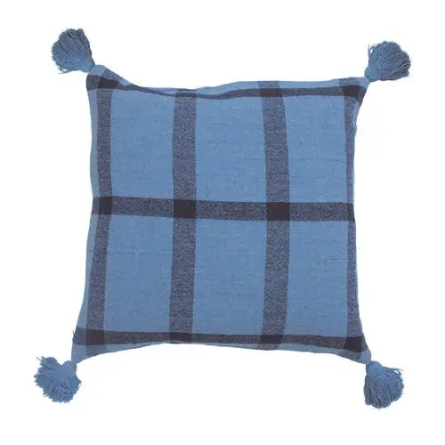 STORIED HOME Woven Recycled Cotton Blend Pillow With Grid Pattern And Tassels - Blue