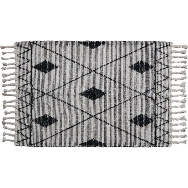 STORIED HOME Scandinavian Handwoven Cotton Rug With Geometric Pattern And Fringe - Black
