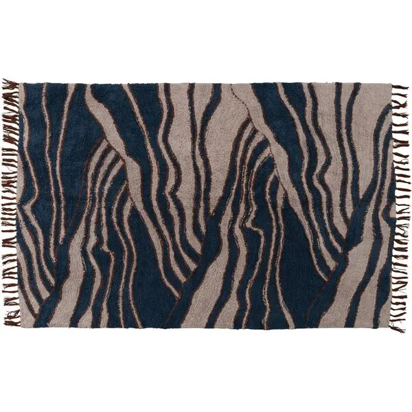 STORIED HOME Cotton Tufted Rug With Wave Design And Fringe - Blue