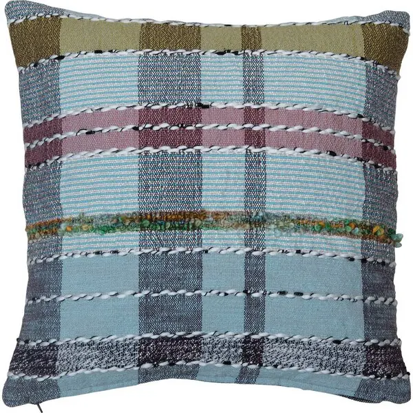 STORIED HOME Woven Cotton And Wool Madras Plaid Pillow With Chambray Back - Blue
