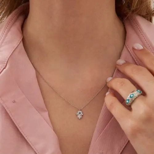 SPERO LONDON Hamsa Hand Sterling Necklace With Stone - Silver