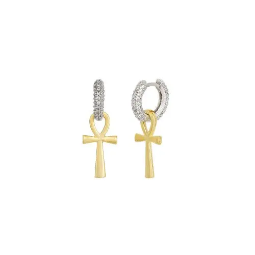 SPERO LONDON Sterling Silver Egyptian Ankh Zirconia Hoop Earrings - Gold