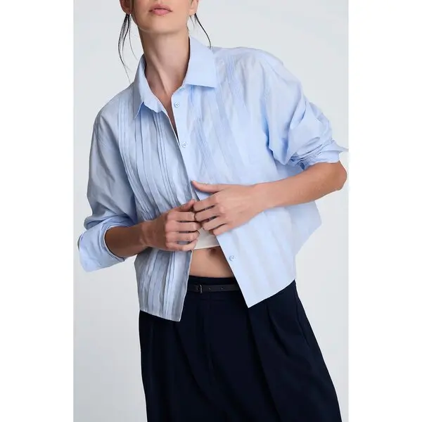 KENNETH COLE Striped Cropped Button-up Shirt