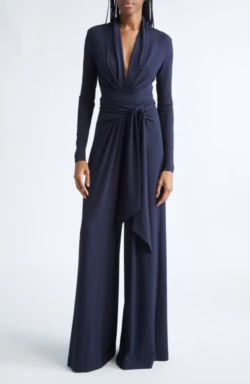 Michael Kors Plunge Neck Tie Waist Palazzo Jumpsuit - Midnight