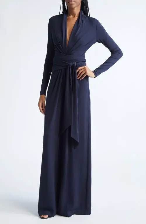 Michael Kors Plunge Neck Tie Waist Palazzo Jumpsuit - Midnight