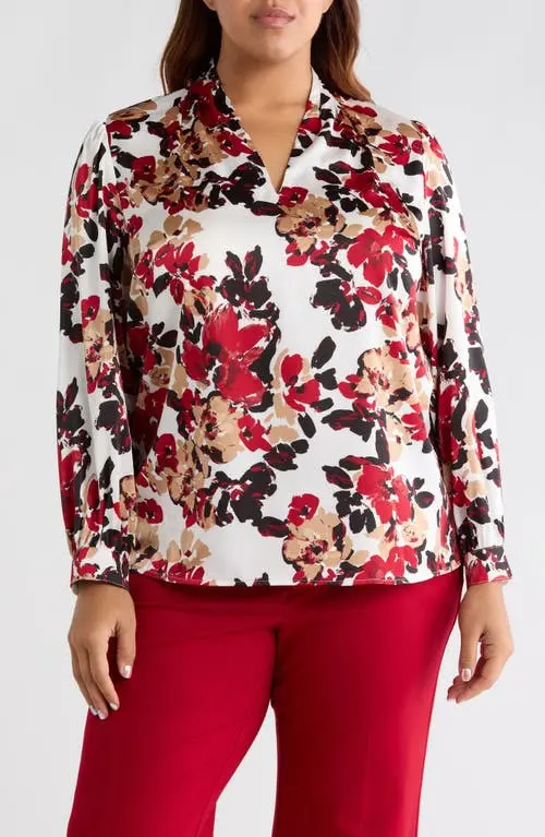 KASPER Floral Print Pleated Shoulder Top