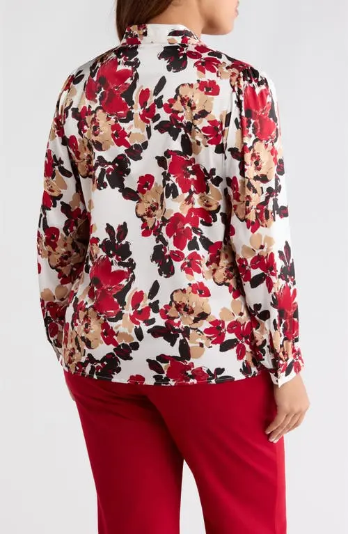 KASPER Floral Print Pleated Shoulder Top