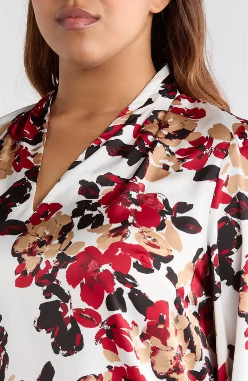 KASPER Floral Print Pleated Shoulder Top