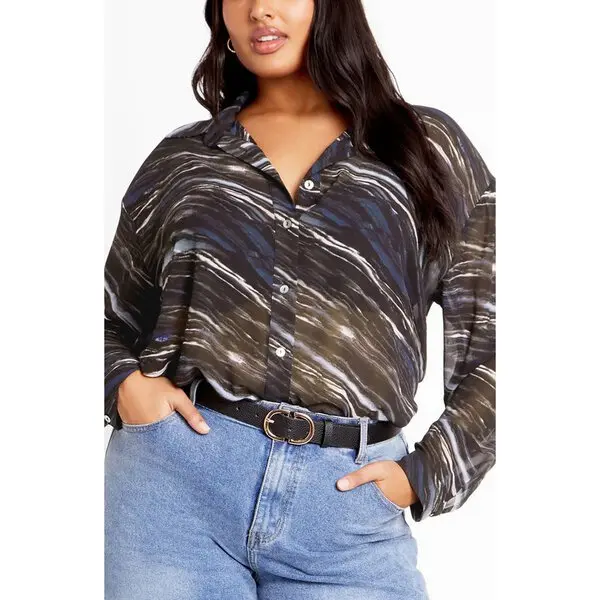 City Chic Printed Sheer Longline Button-up Shirt
