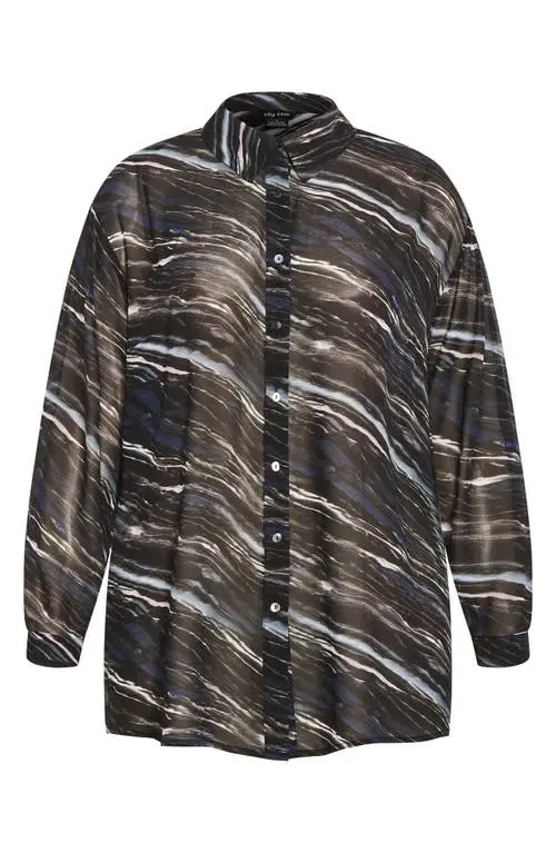 City Chic Printed Sheer Longline Button-up Shirt