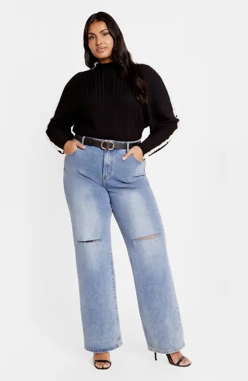 City Chic Funnel Neck Striped Sleeve Sweater