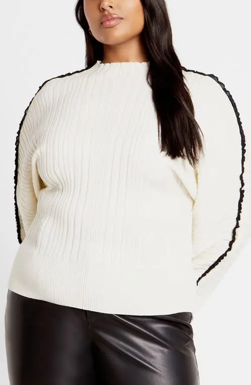 City Chic Funnel Neck Striped Sleeve Sweater - Ivory