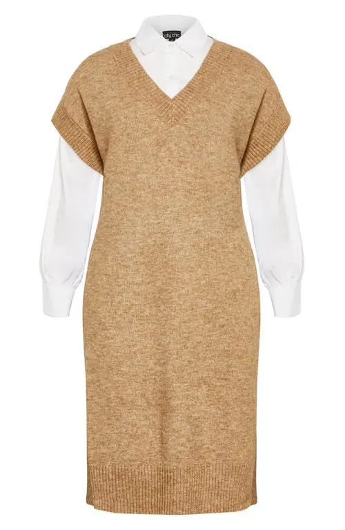 City Chic Gloria Layered Long Sleeve Knit Dress