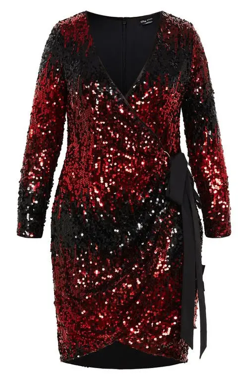 City Chic Sequin Wrap Dress - Ruby