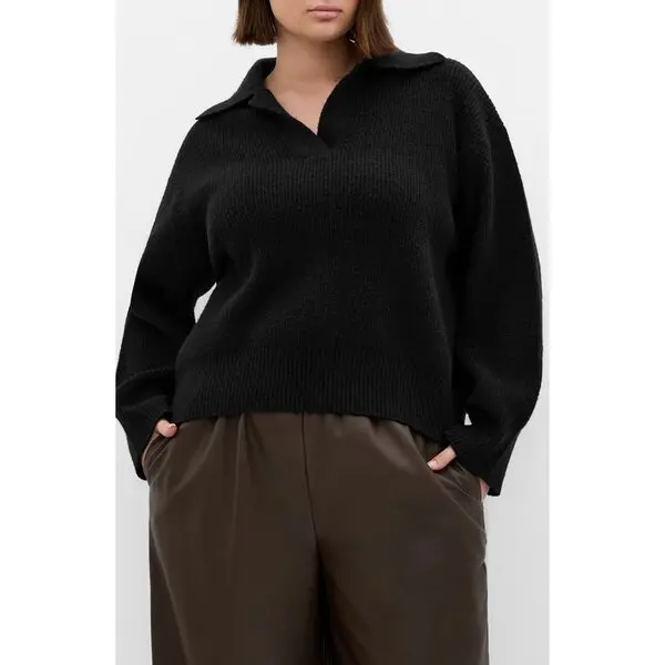 City Chic Ribbed Spread Collar Sweater - Black