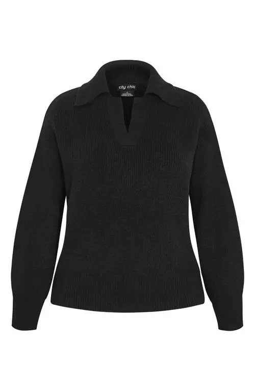 City Chic Ribbed Spread Collar Sweater - Black