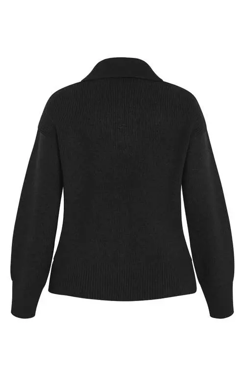 City Chic Ribbed Spread Collar Sweater - Black