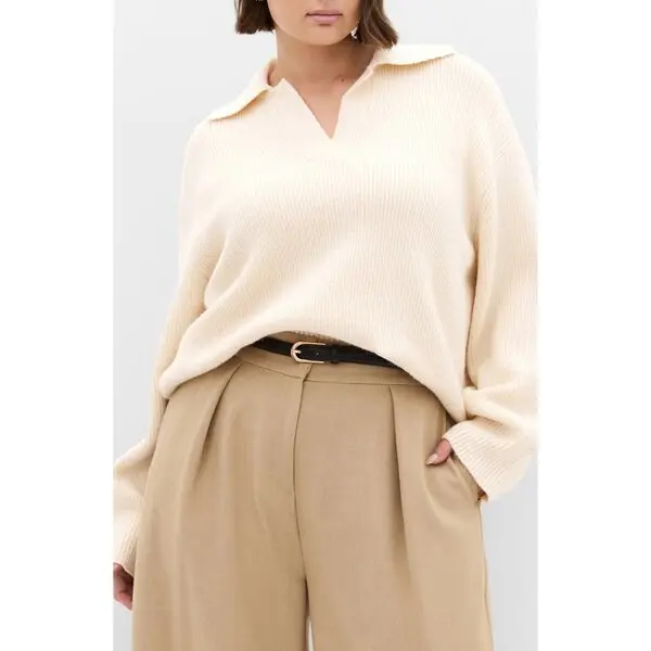 City Chic Ribbed Spread Collar Sweater - Cream
