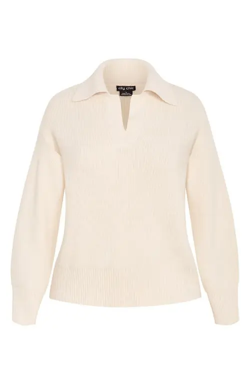 City Chic Ribbed Spread Collar Sweater - Cream