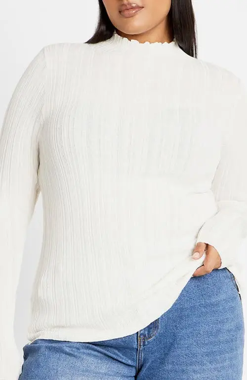 City Chic Crinkle Mock Neck Long Sleeve Sweater - Cream