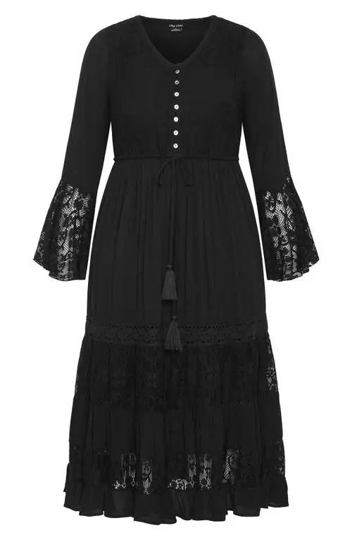 City Chic Dulce Lace Detail Long Sleeve Maxi Dress - Black