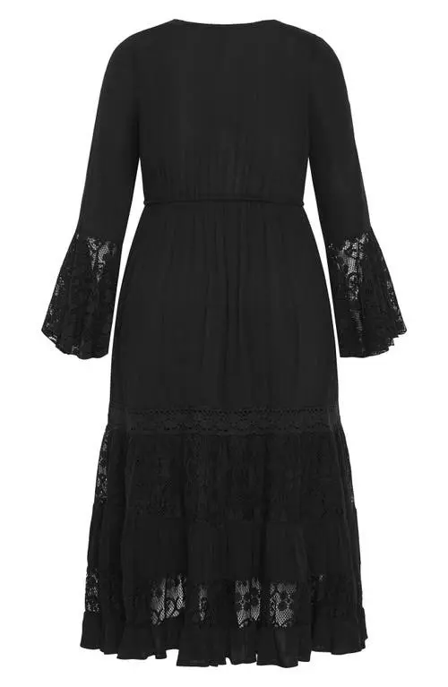 City Chic Dulce Lace Detail Long Sleeve Maxi Dress - Black