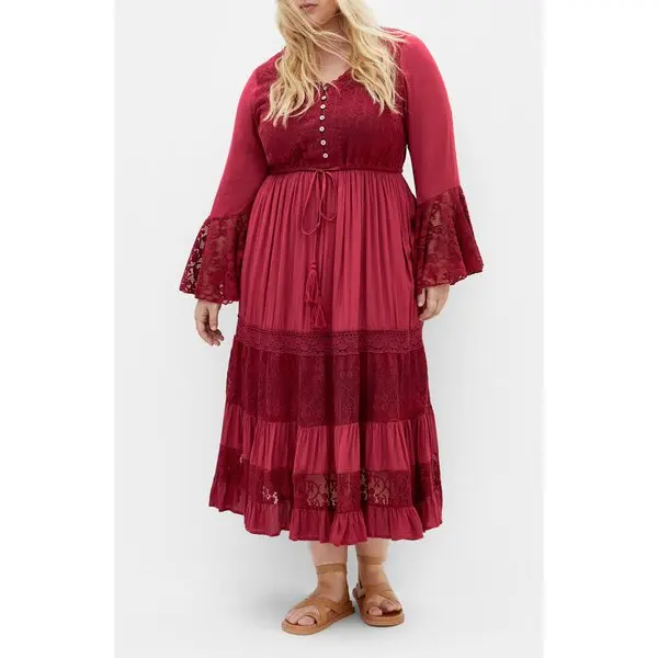 City Chic Dulce Lace Detail Long Sleeve Maxi Dress - Red