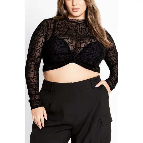 City Chic Evie Long Sleeve Mesh Crop Top