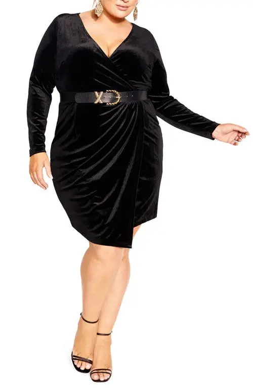 City Chic Velvet Long Sleeve Wrap Dress
