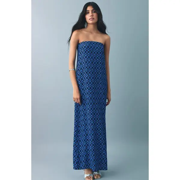 Mango Printed Strapless Maxi Dress - Navy