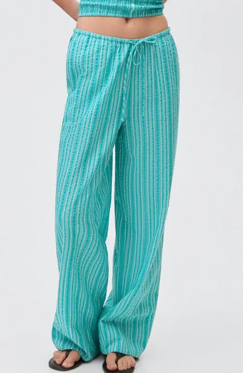 Mango Textured Stripe Cotton Drawstring Pants - Turquoise