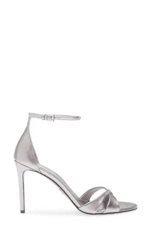 Prada Saffiano Metallic Leather Ankle Strap Sandal - Cromo