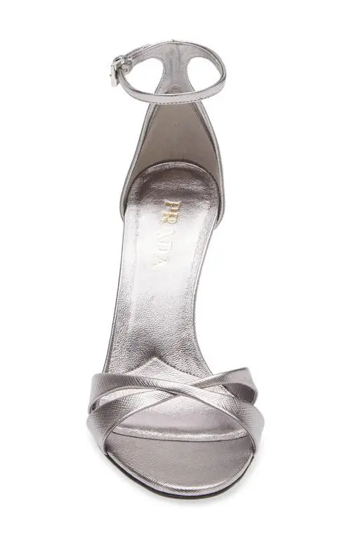 Prada Saffiano Metallic Leather Ankle Strap Sandal - Cromo