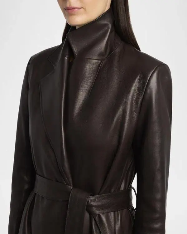 THE ROW Raisa Belted Leather Wrap Coat - Coffee